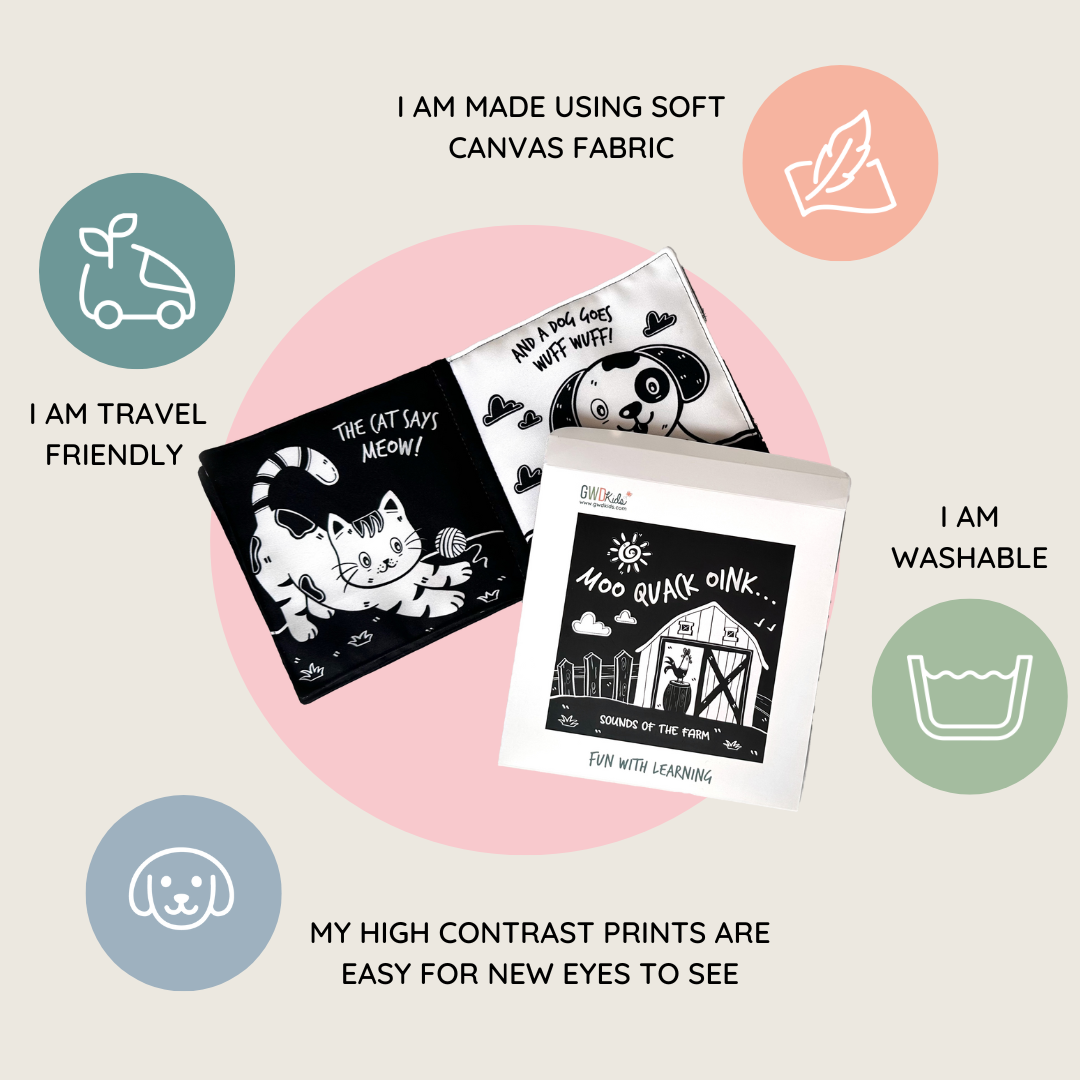Moo Quack Oink- High Contrast Soft Book – GWD Kids