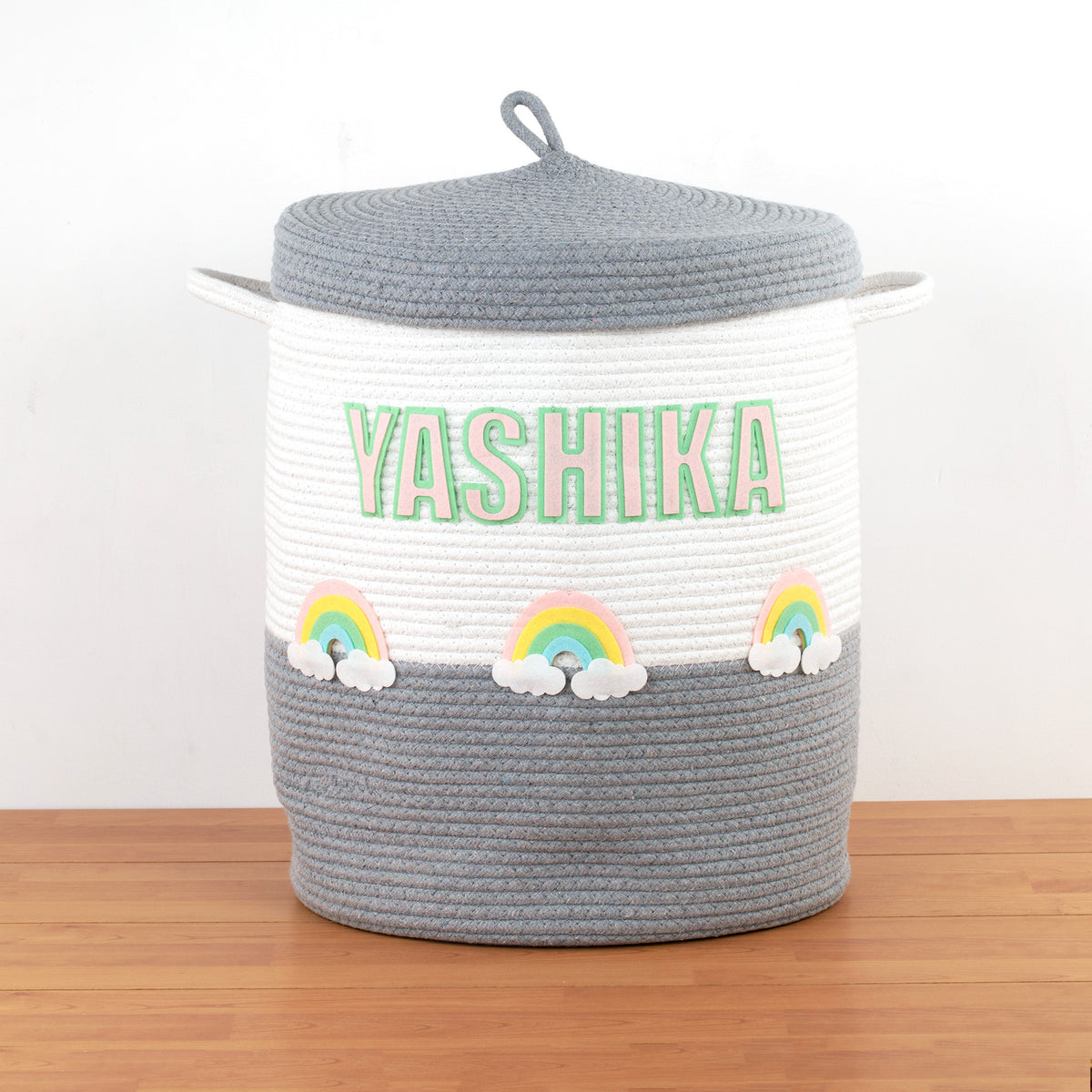 Kids Rainbow - Grey Rope With Lid Personalized Storage Basket – GWD Kids