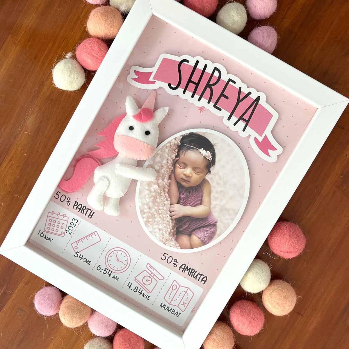 Personalised custom New Born Baby Birth Announcement frame- Unicorn ...